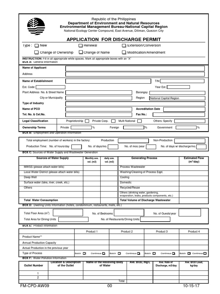 FM CPD AW11 DISCHARGE PERMIT APPLICATION FORM New | PDF | Sewage ...