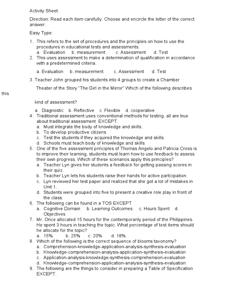 Activity Sheet TOS | PDF | Educational Assessment | Multiple Choice