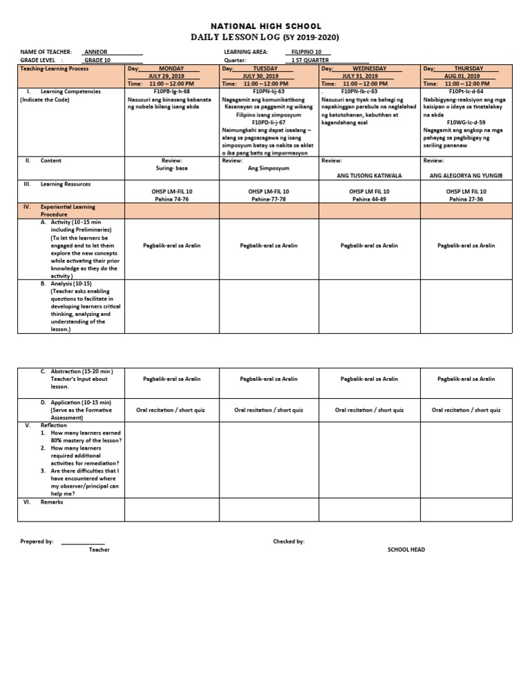 Filipino DLL Grade 9 | PDF