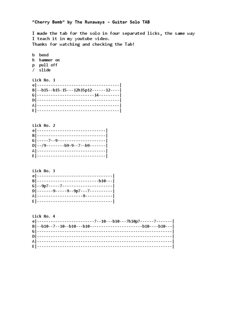 "Cherry Bomb" by The Runaways - Guitar Solo TAB | PDF