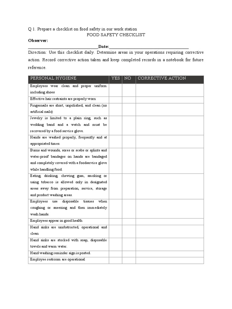 FOOD SAFETY CHECKLIST | PDF