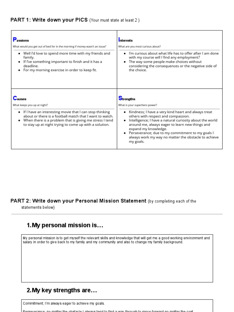 PICS and Personal Mission Statement Worksheet | PDF | Curiosity | Goal