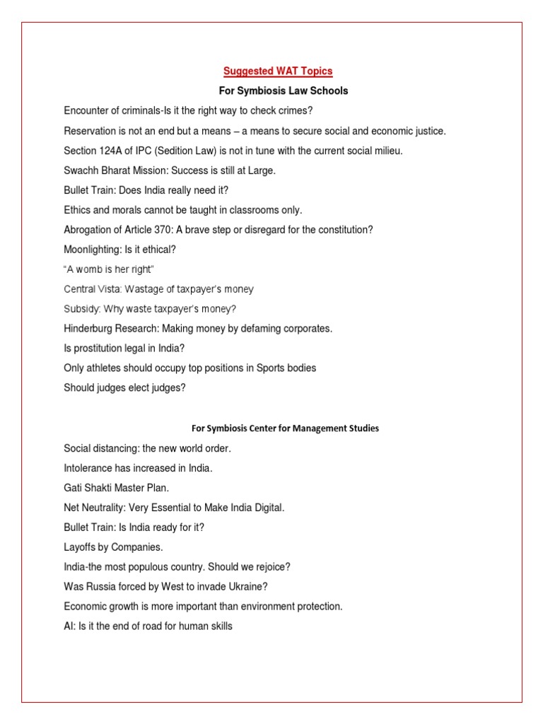 Suggested WAT Topics for Law and Management | PDF