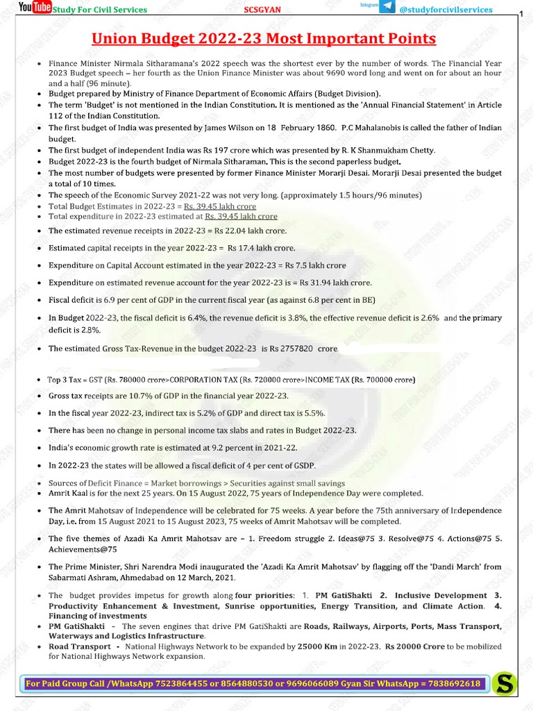 Union Budget Most Imp - Points | PDF
