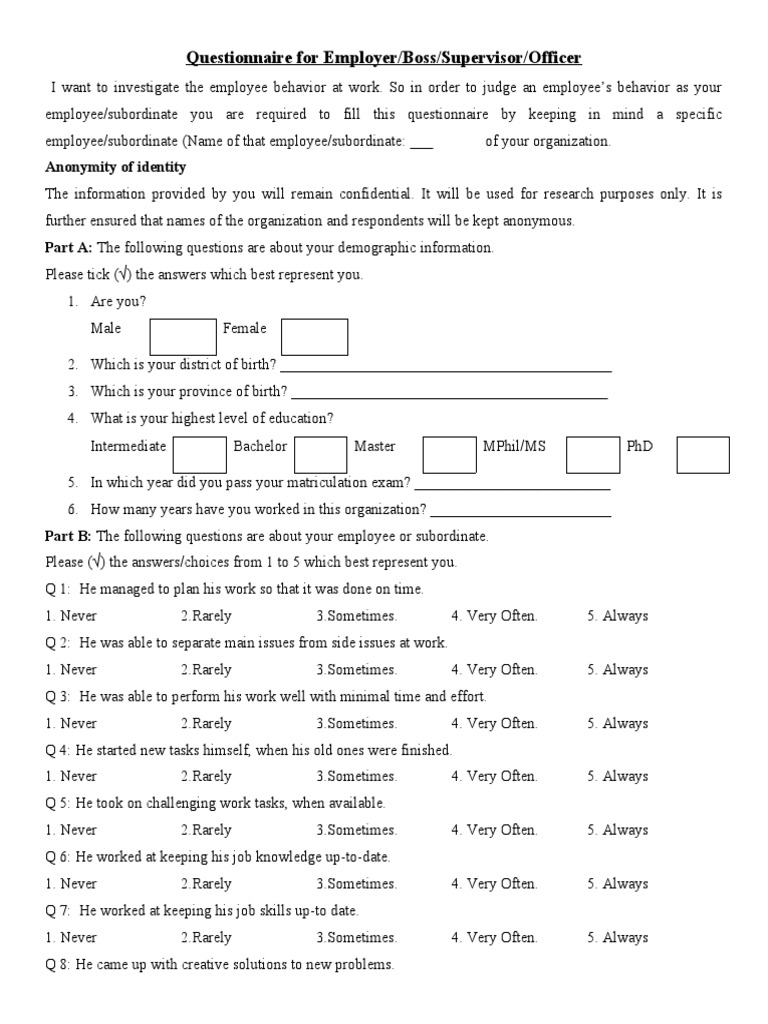 Employee Behavior Assessment Questionnaire | PDF | Questionnaire ...