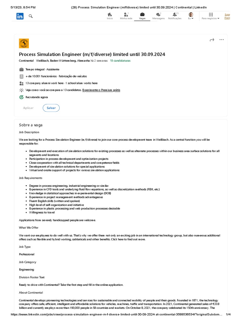 Process Simulation Engineer (M - F - Diverse) Limited Until 30.09.2024 - Continental - LinkedIn ...