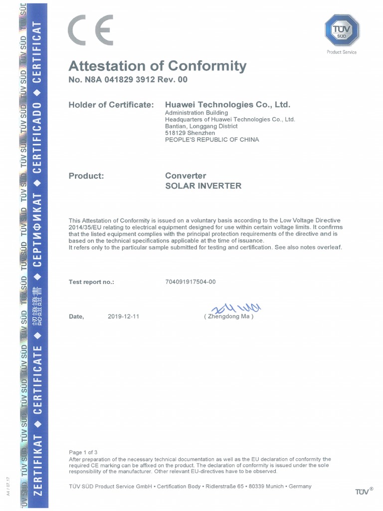 SUN2000-100-110-125M0 100M1 100INM0 CE LVD Cert TUV SUD EN 62109-1-2 | PDF