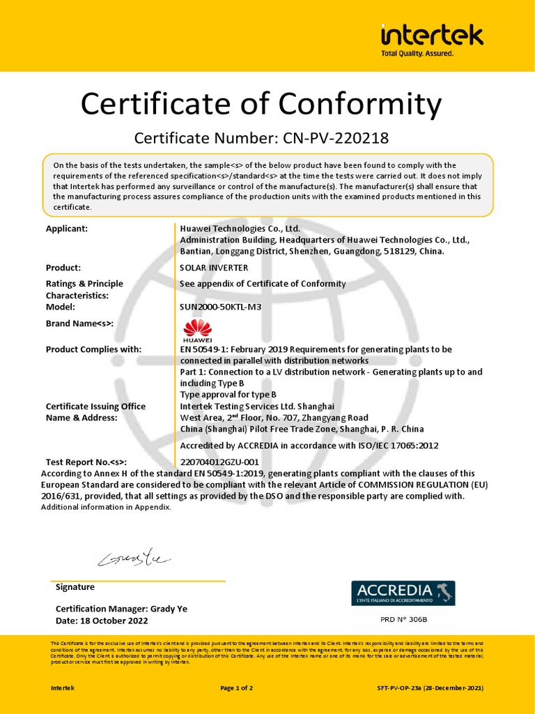 SUN2000-50KTL-M3 EN50549-1 Cert - Intertek - 20221018 | Download Free ...