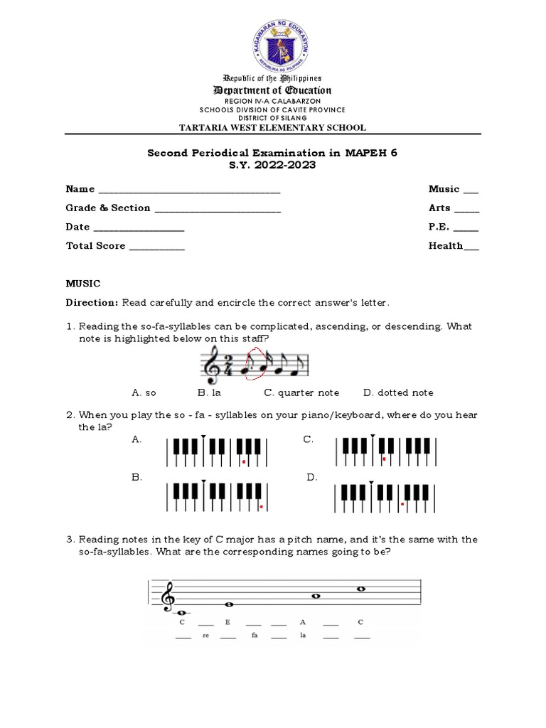 Q2 Periodical Test in Music - Arts - PE - Health | PDF