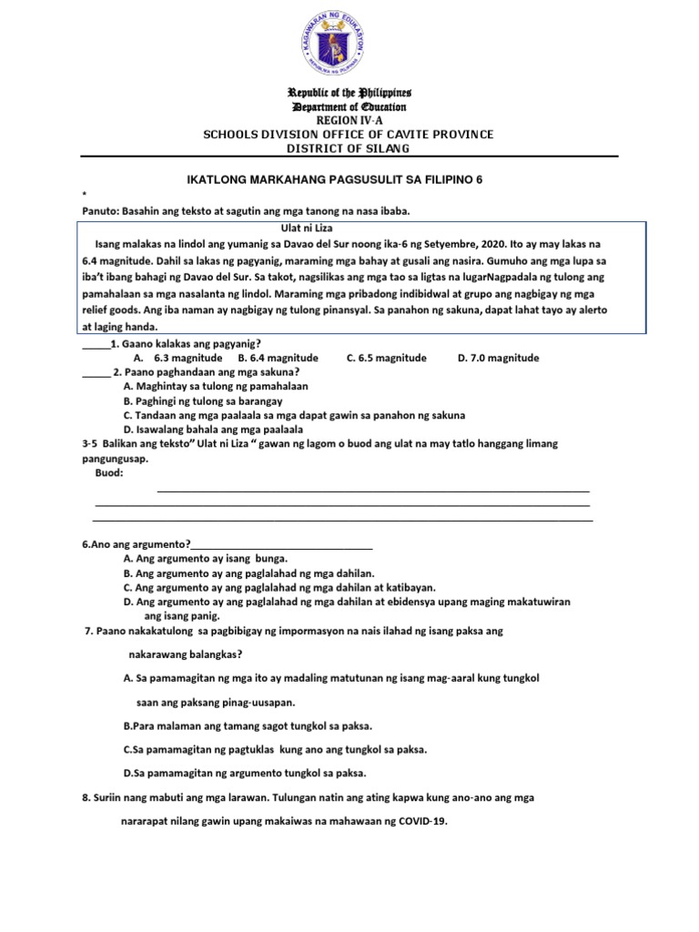IKATLONG MARKAHANG PAGSUSULIT SA FILIPINO 6 WD Tos 2023 Pulong Saging | PDF