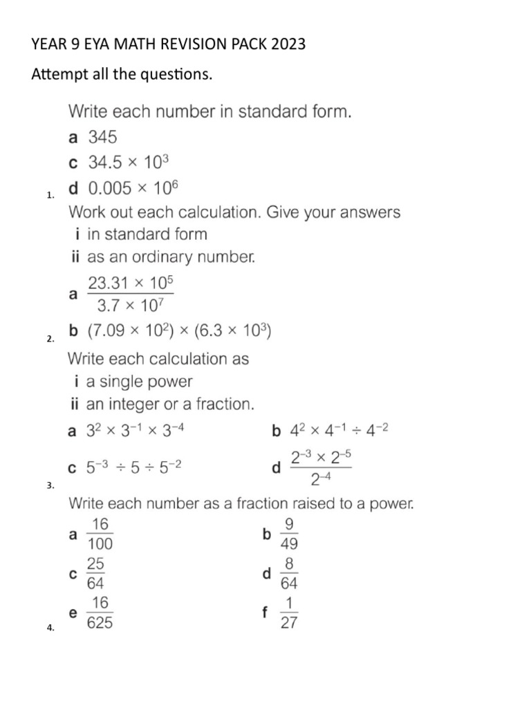 YEAR 9 EYA MATH REVISION PACK 2023 (2) | PDF