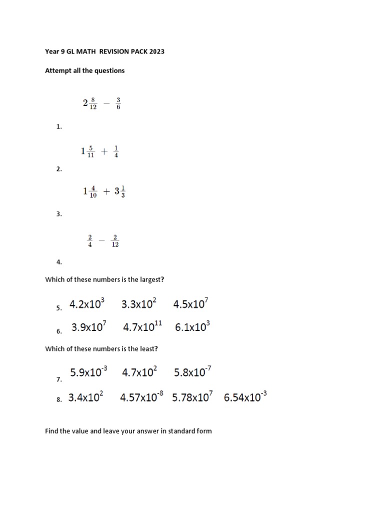 Year 9 Maths Revision Pack 2023 | PDF | Weight | Mathematics