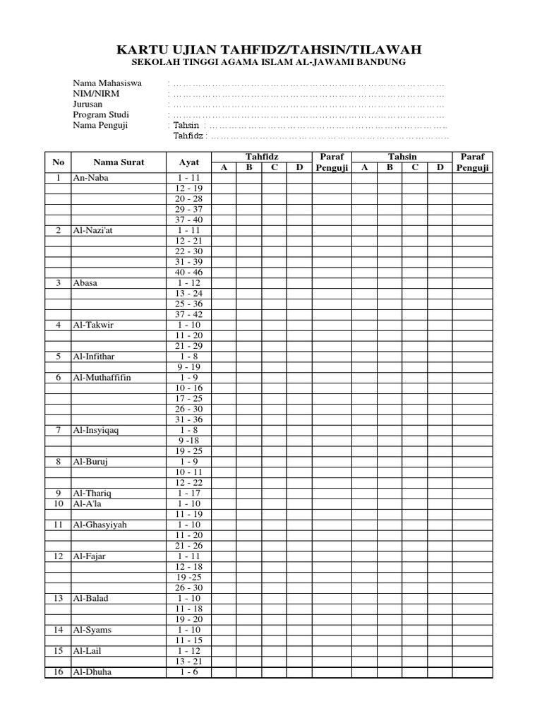 Kartu Hafalan Juz 30 Juz Amma | PDF