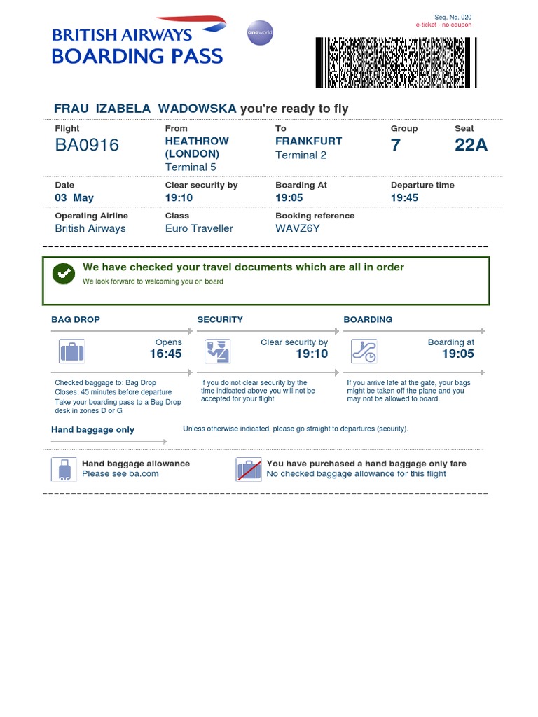 Boarding Pass BA0916 LHR FRA 020 | PDF | Civil Aviation | Airlines