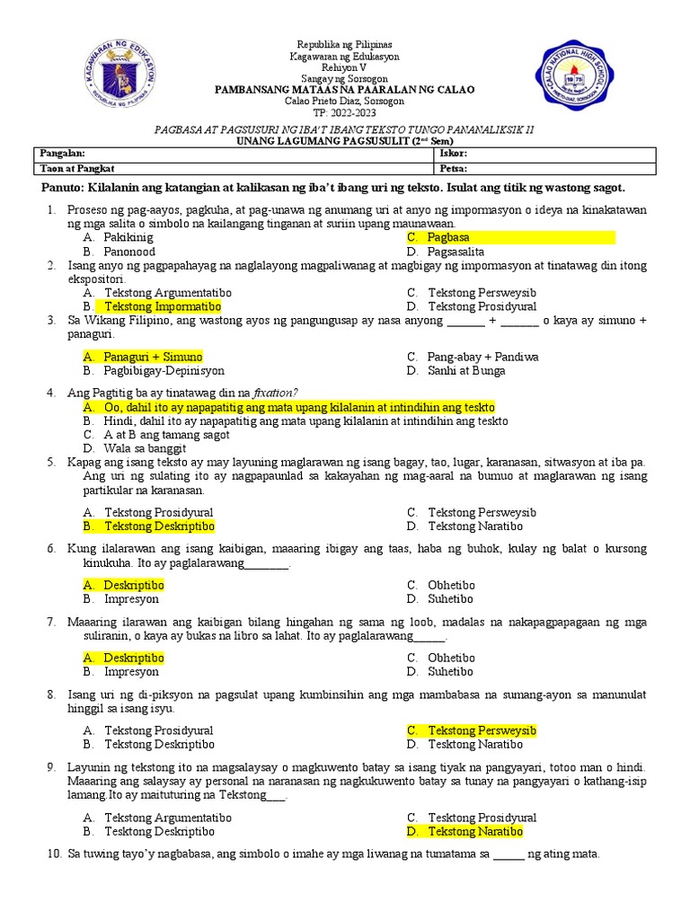 3rd Q Exam 1 Pagbasa at Pagsusuri NG Ibat Ibang Teksto Tungo Sa ...