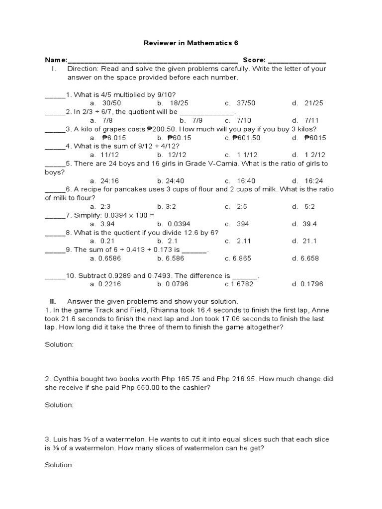 Mathematics Reviewer for Grade 6 Students | PDF | Elementary ...