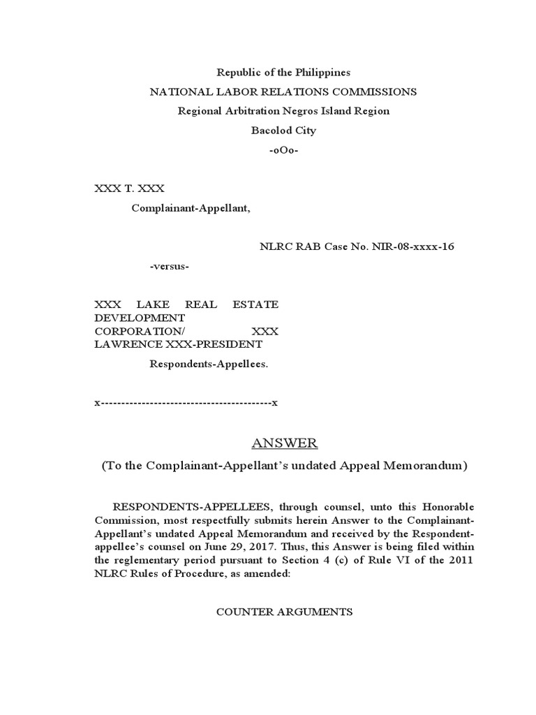 Answer To Appeal NLRC | PDF