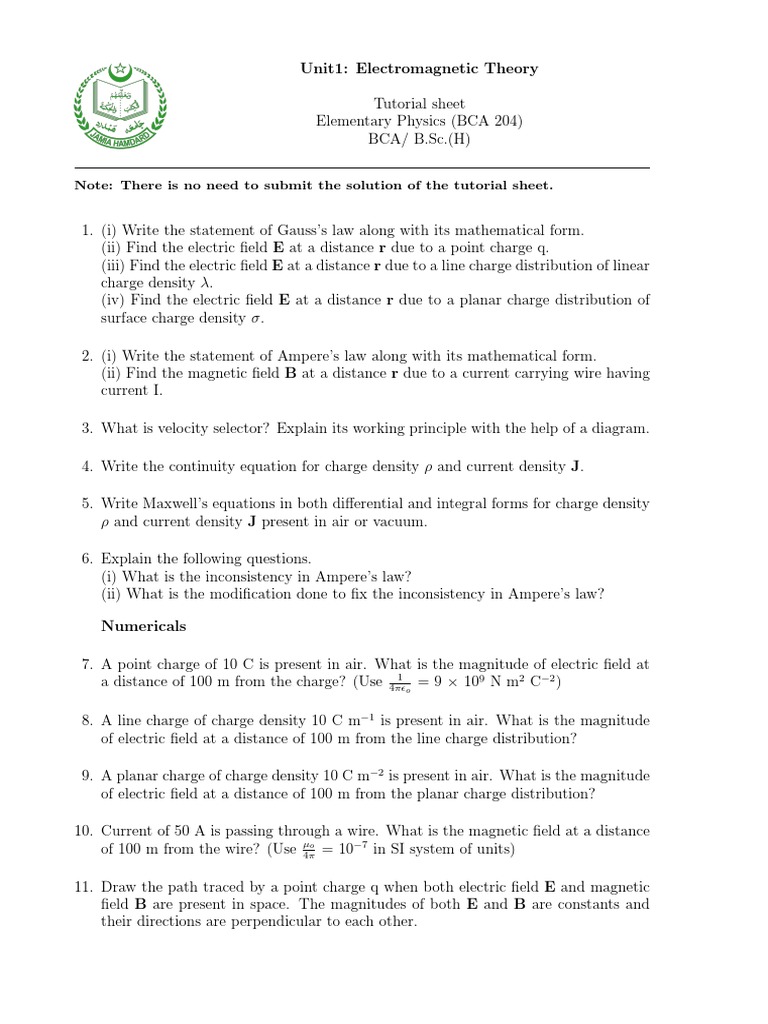 Tutorial1 Electromagnetic Theory | PDF
