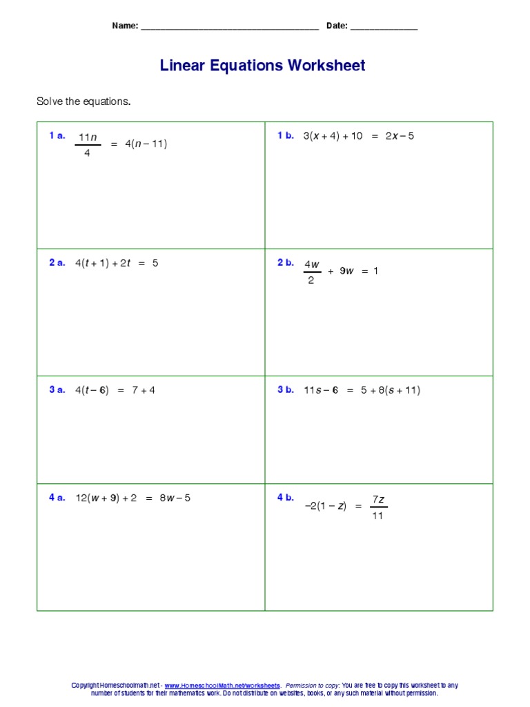 Linear Equations Worksheet | PDF