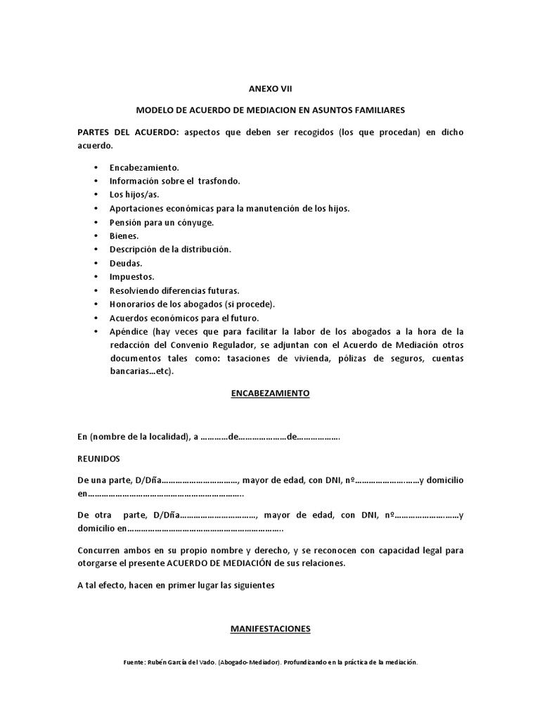Modelo de Acuerdo de Mediacion en Asuntos Familiares | PDF | Divorcio ...