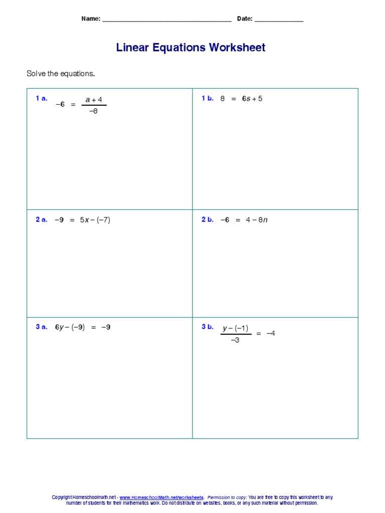 Linear Equations Worksheet | PDF