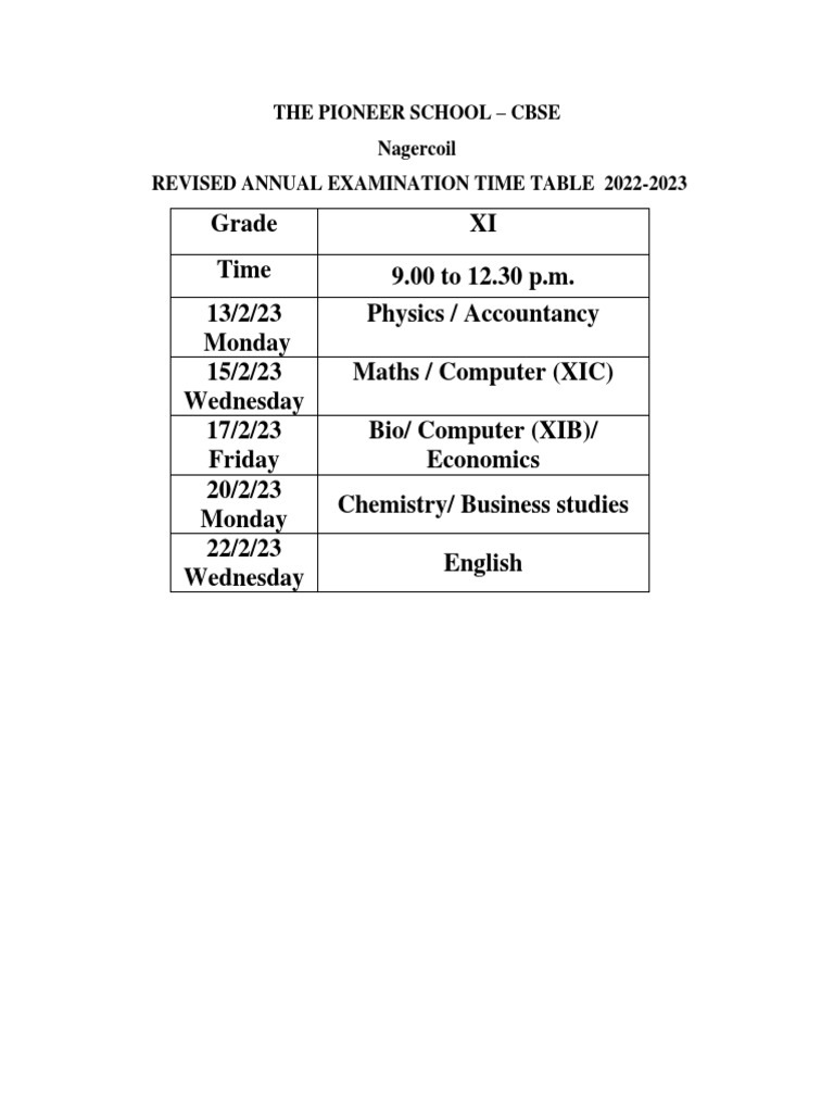 Revised Annual Exam Timetable For Grade XI - 30012023 - 124711 | PDF