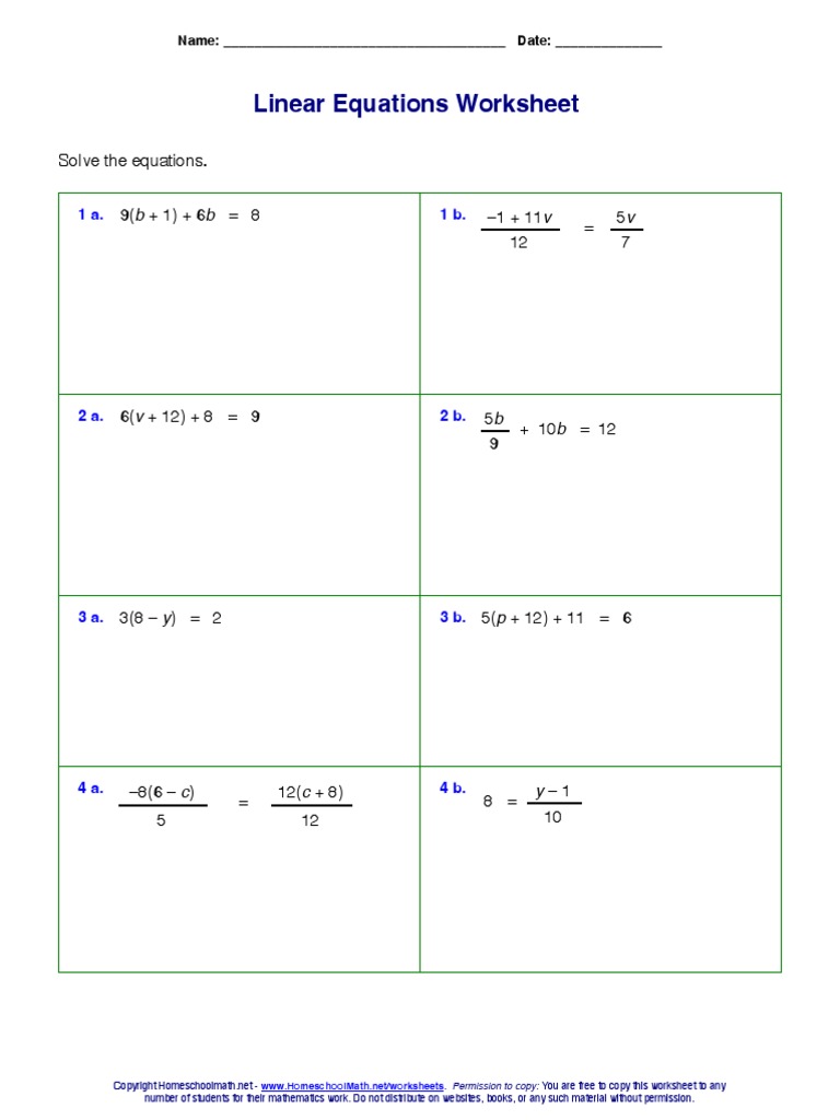Linear Equations Worksheet | PDF