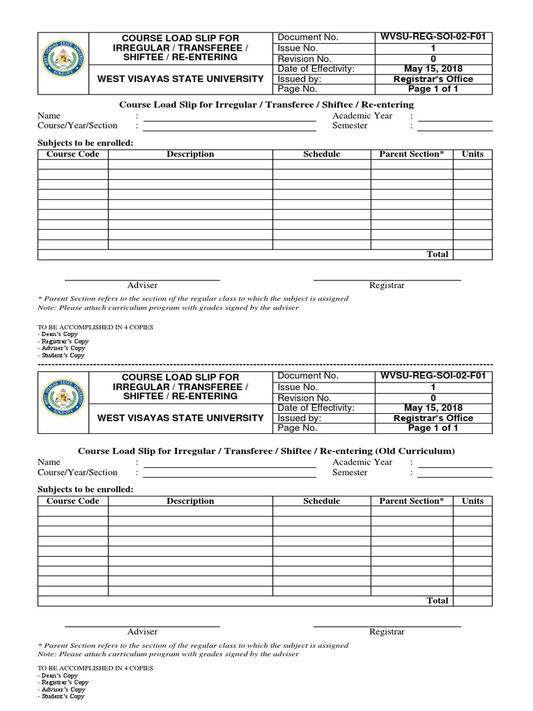 Course Load Slip Wvsu | PDF