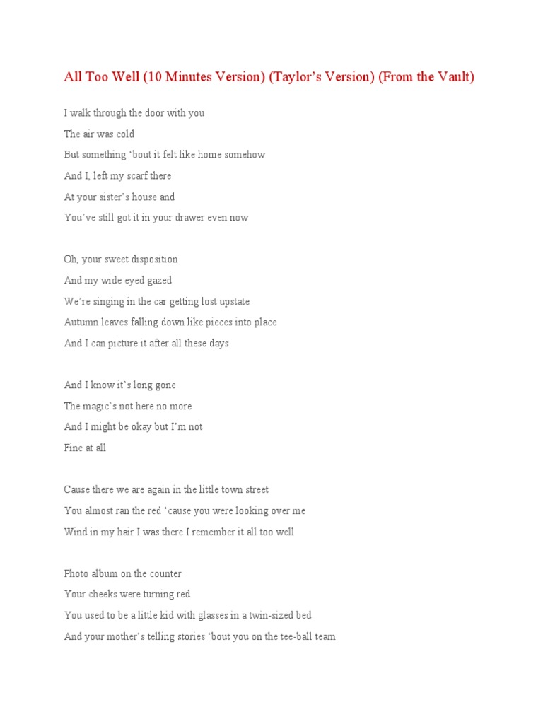 All Too Well (10 Minutes Version) (Taylor's Version) (From The Vault) | PDF
