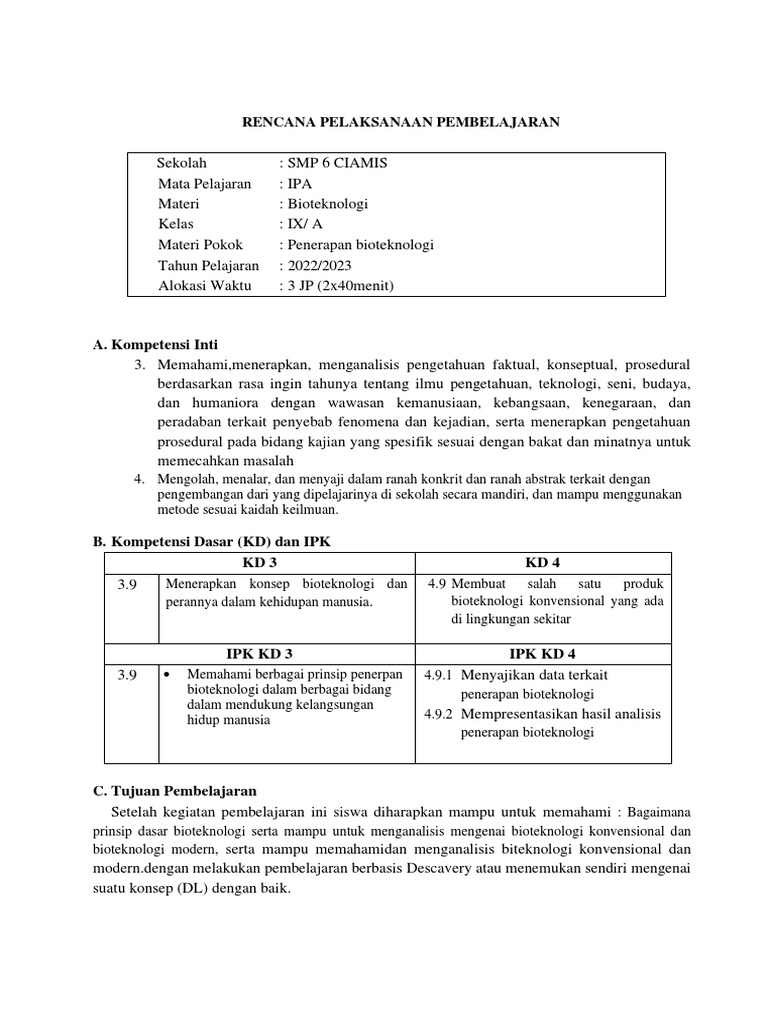RPP Bioteknologi Kelas IX | PDF