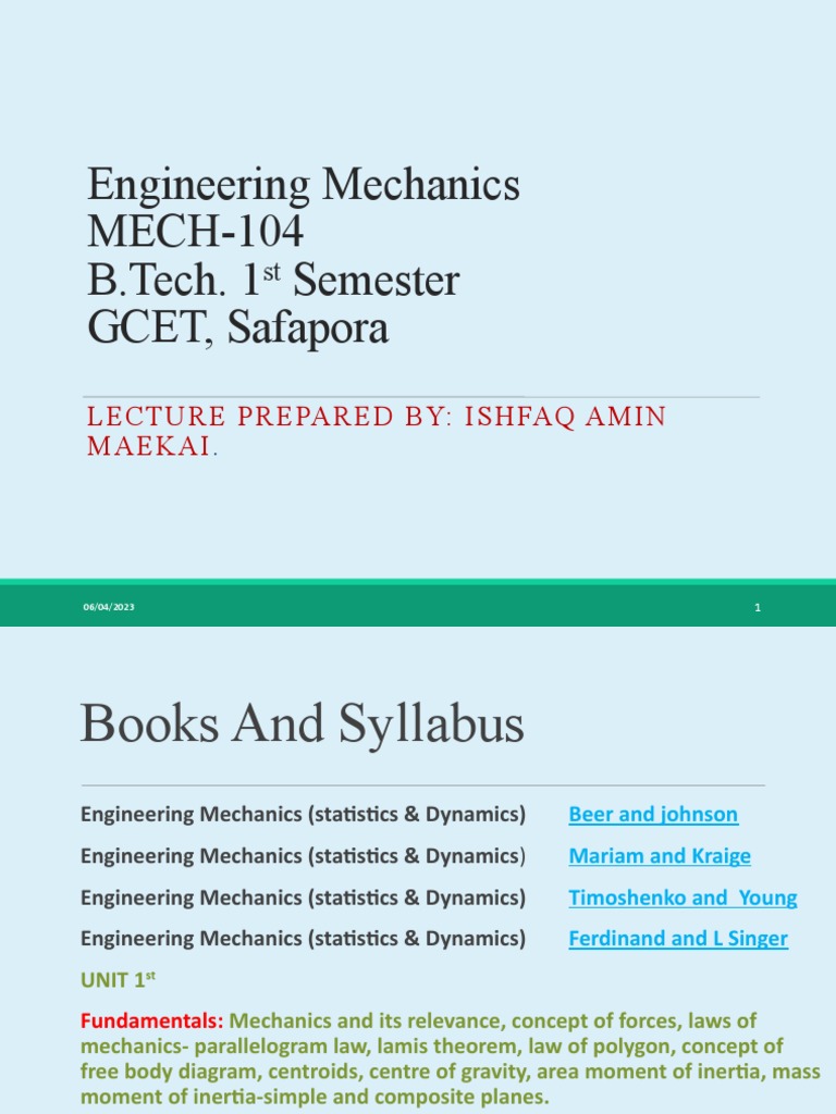 Engineering Mechanics MECH-104 B.Tech. 1 Semester GCET, Safapora | PDF | Force | Euclidean Vector