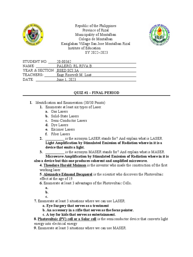 Laser and Photovoltaic Basics Quiz | PDF