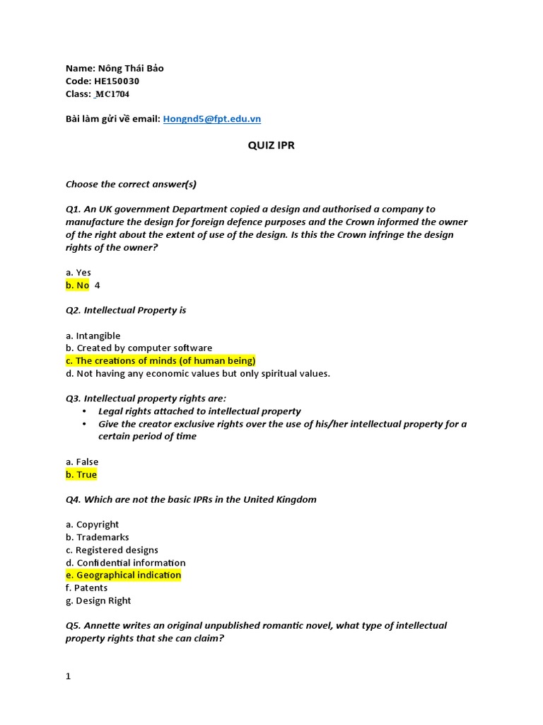Intellectual Property Rights Quiz and Overview | PDF | Copyright ...