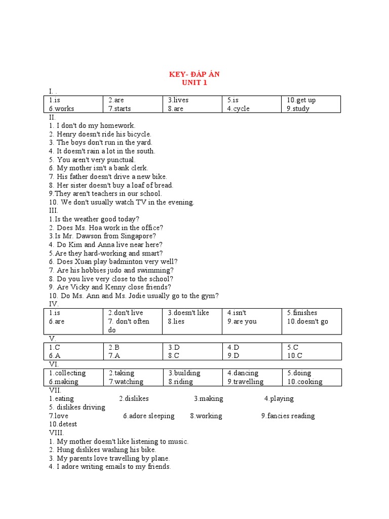 Key - Ngữ Pháp Và Bài Tập Thực Hành Tiếng Anh 7 - NG H Thanh Ly | PDF