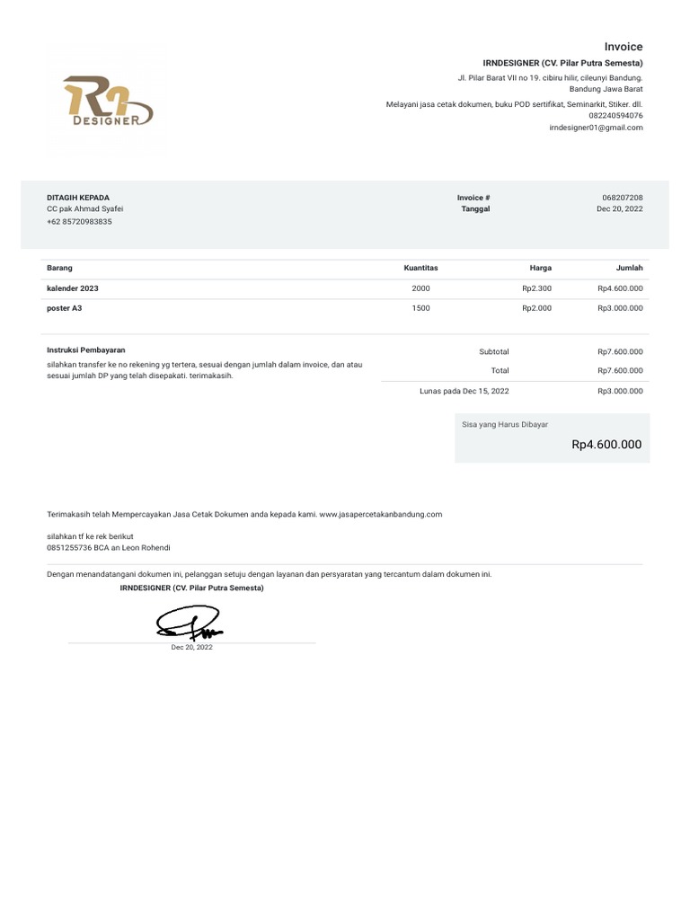 Invoice Jasa Cetak IRNDESIGNER | PDF