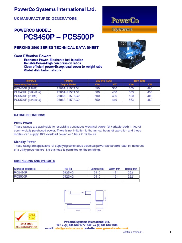Perkins Data Sheet PCS450-500P | PDF
