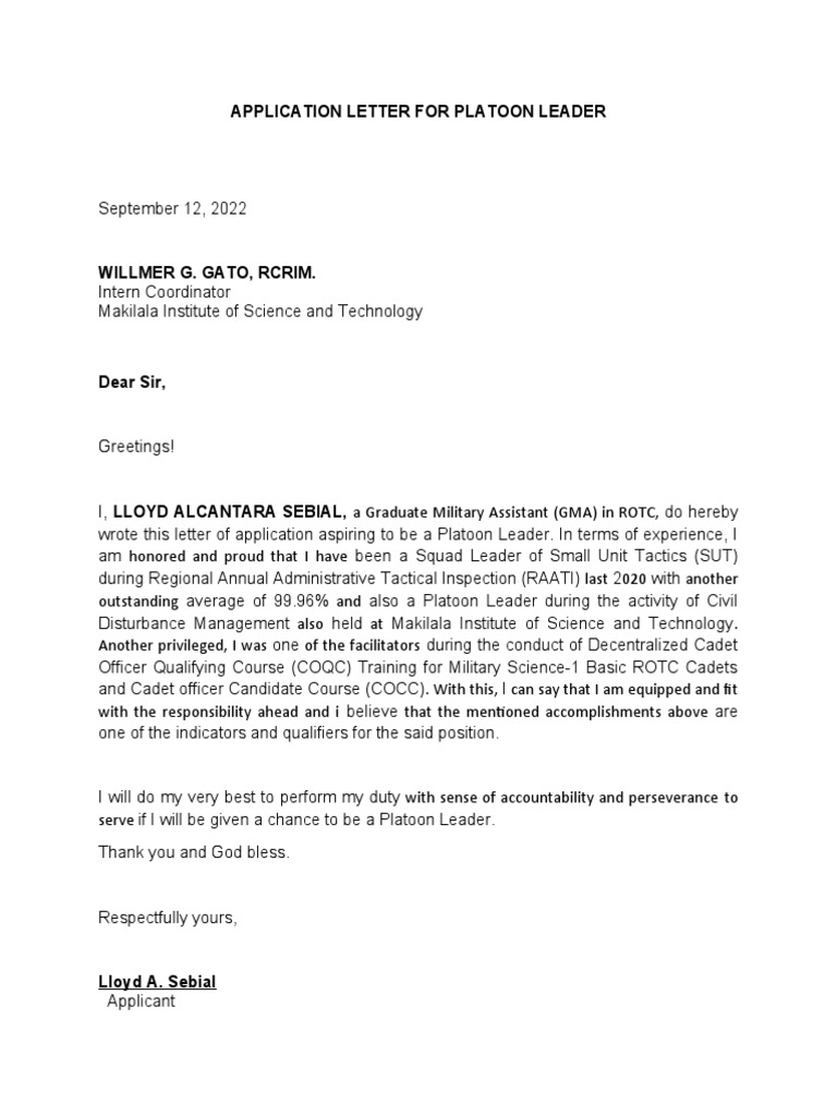 Application Letter For Platoon Leader | PDF