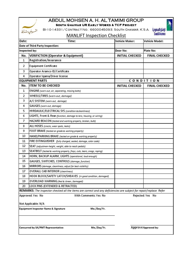 AlTamimi Heavy Equipment Checklist - Manlift | PDF | Vehicles | Truck