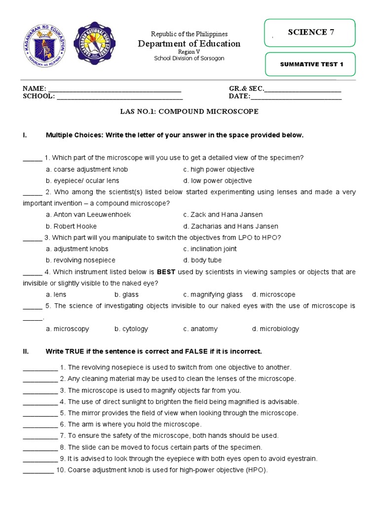 1st Summative test.7-Nov.29-Dec. 6,2021 | PDF | Microscope | Atomic