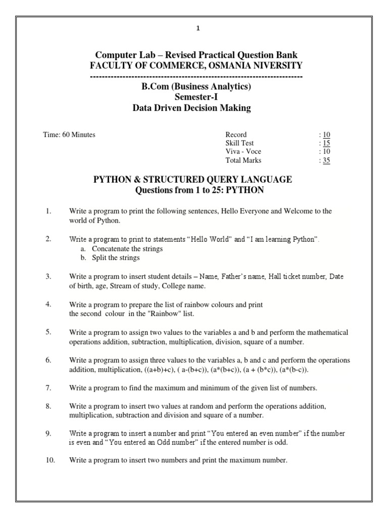 Revised Data Driven Decision Making Sem-I Lab Question Bank Revised | PDF | Information ...