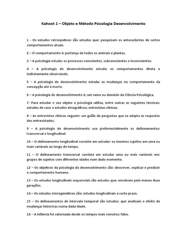 Perguntas e Respostas Kahoots | PDF | Psicologia | Aprendizado