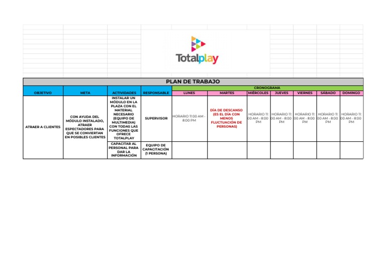 PLAN DE TRABAJO TOTALPLAY - Hoja 1 | PDF