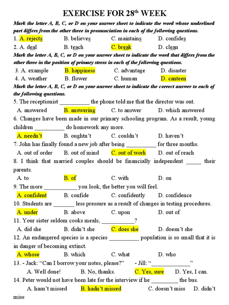 Week 28 Exercise: Pronunciation & Grammar | PDF