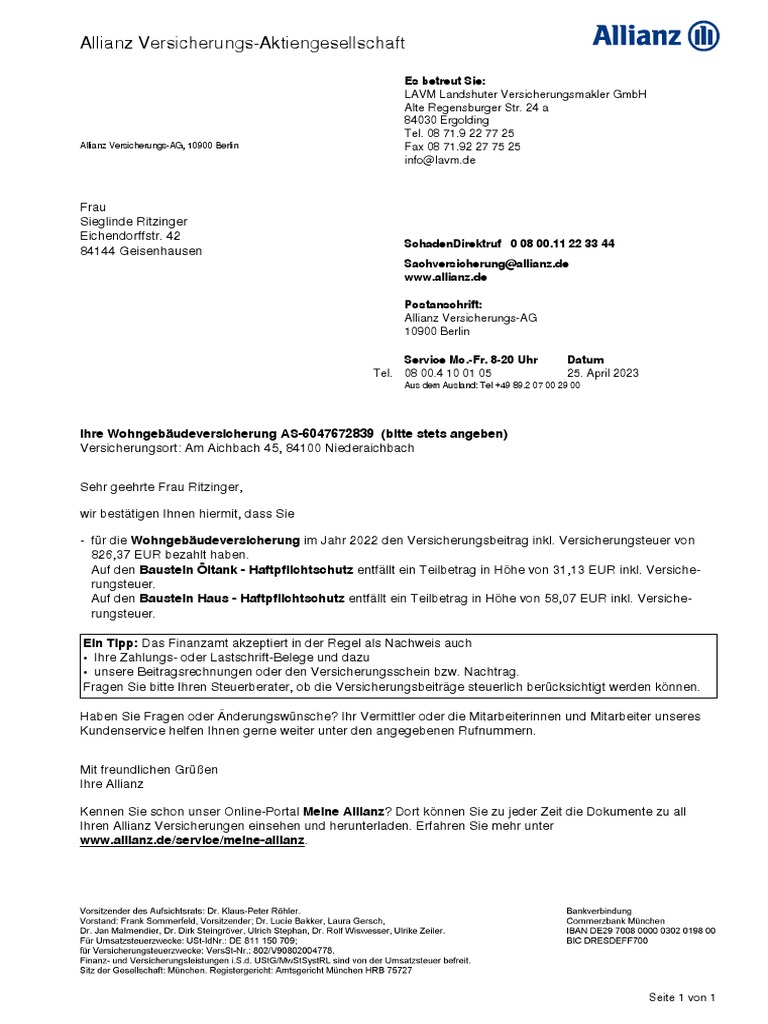 Beitragsbescheinigung Wohngebäudeversicherung As-6047672839 2022 | PDF