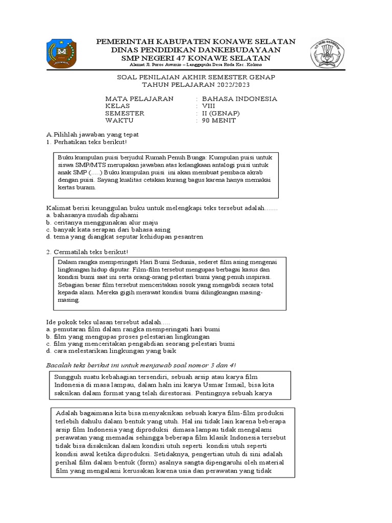 Soal Uas Kls 8 Bindo Sabtu 3 Mei 2023 | PDF