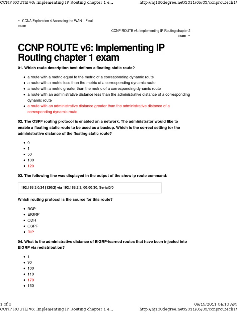 CCNP ROUTE v6 Implementing IP Routing Chapter 1 Exam N J 180 | PDF ...
