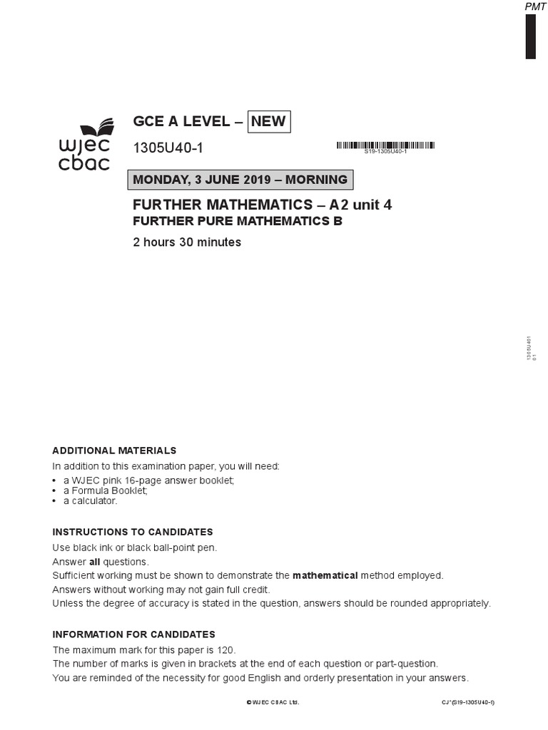 June 2019 QP - Unit 4 WJEC Further Maths A-Level | PDF | Equations ...