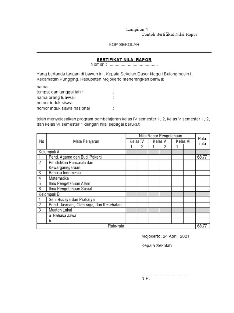 Sertifikat Nilai Rapor | PDF