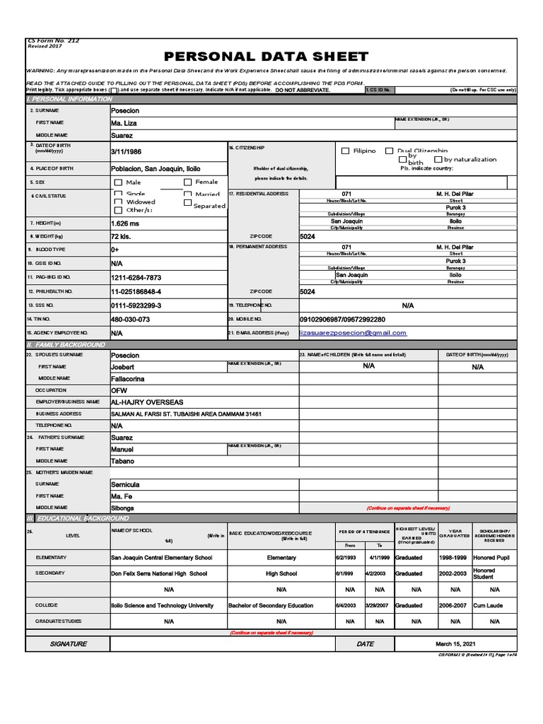 032117 CS Form No. 212 Revised Personal Data Sheet_new March | PDF | Driver's License