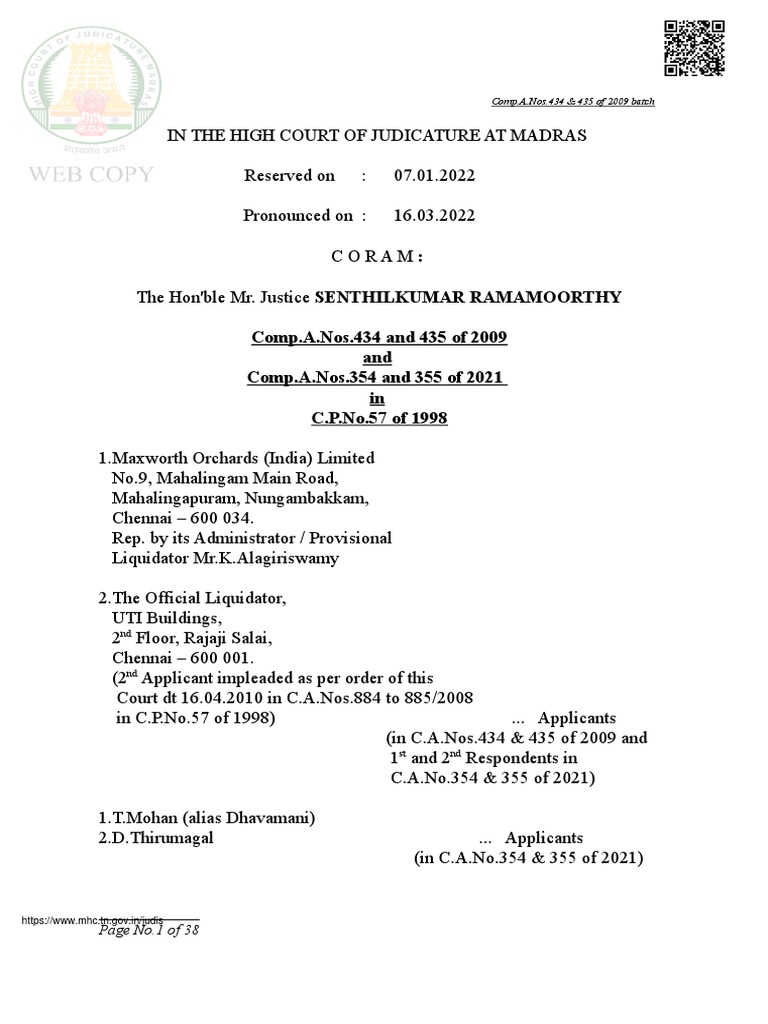 Maxworth Orchards India Limited Anr V T Mohan Ors 2022 Livelaw Mad 110 ...